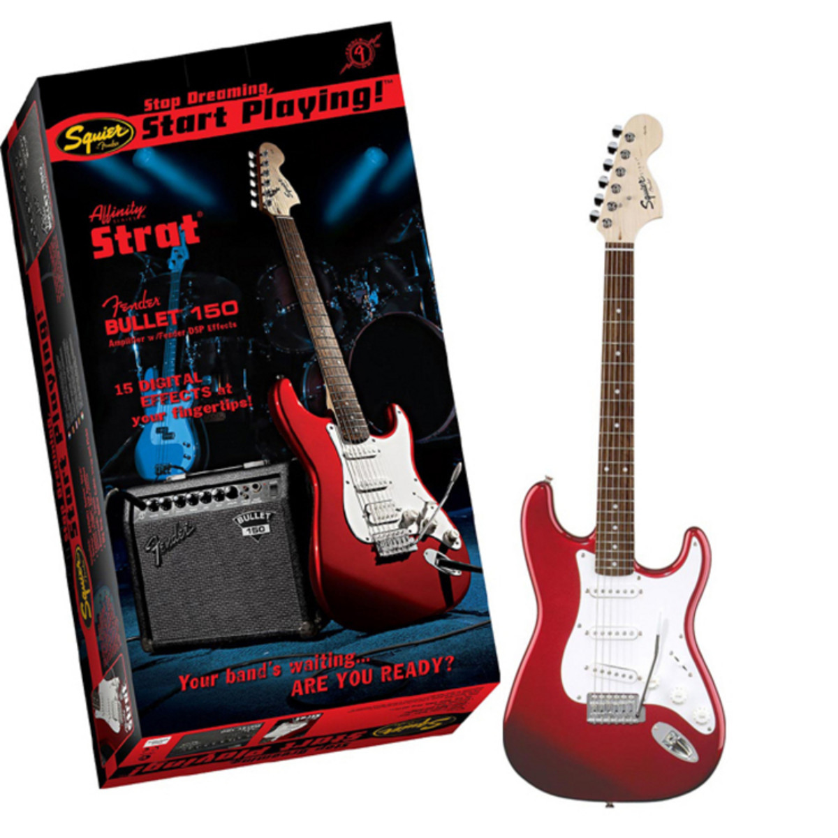 DISC Squier Affinity Strat, Bullet 150 DSP Amp Pack, Red at Gear4music