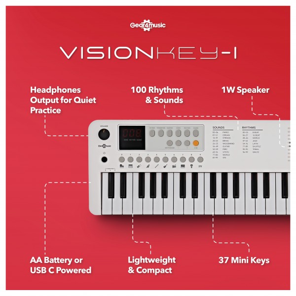 VISIONKEY-1 37 Key Portable Mini Keyboard, White at Gear4music