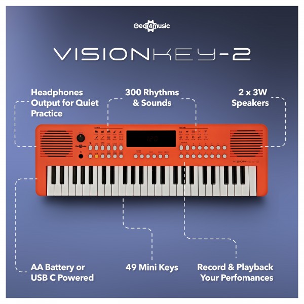 VISIONKEY-2 49 Key Portable Keyboard, Orange at Gear4music