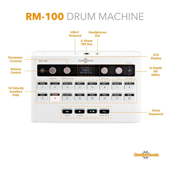 RM-100 Rhythm & Drum Machine by Gear4music, White at Gear4music