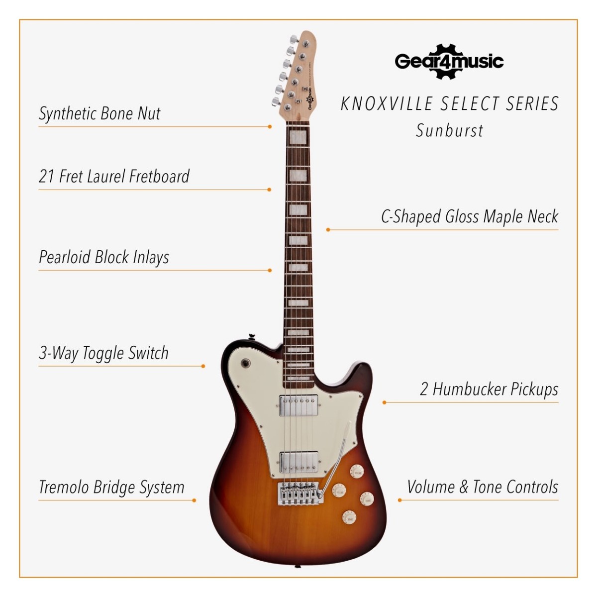Knoxville Select Electric Guitar Sunburst, 10W Guitar Amp & Accessory ...