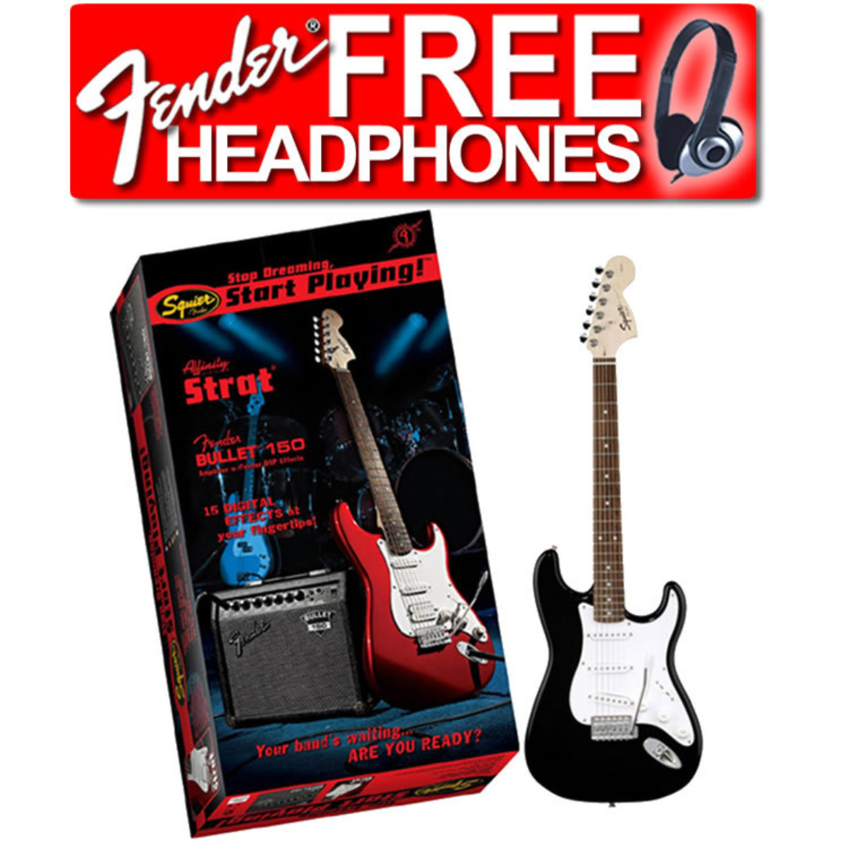 Squier Affinity Strat, Bullet 150 DSP Amp Pack, Black | Gear4music