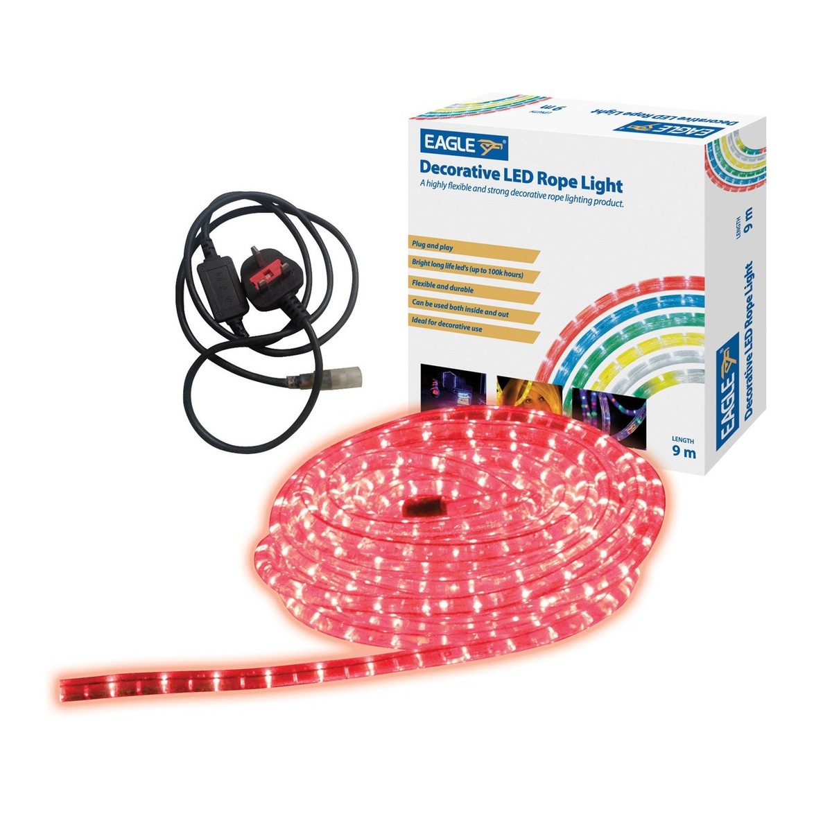DISC Eagle Static Plug and Play LED Rope Light 9m, Red at Gear4music