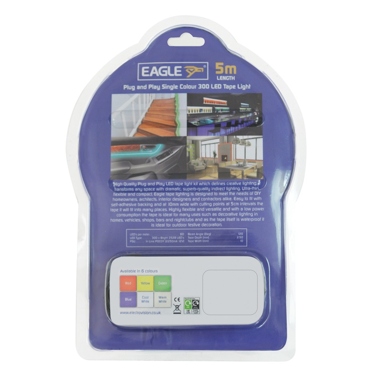 DISC Eagle IP65 LED Tape Light Kit 5m With In-Line PSU, Warm White at ...