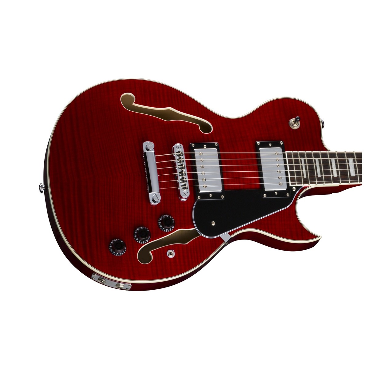 DISC Dean Shire Semi-Hollow Piezo Flame Top, Trans Red at Gear4music