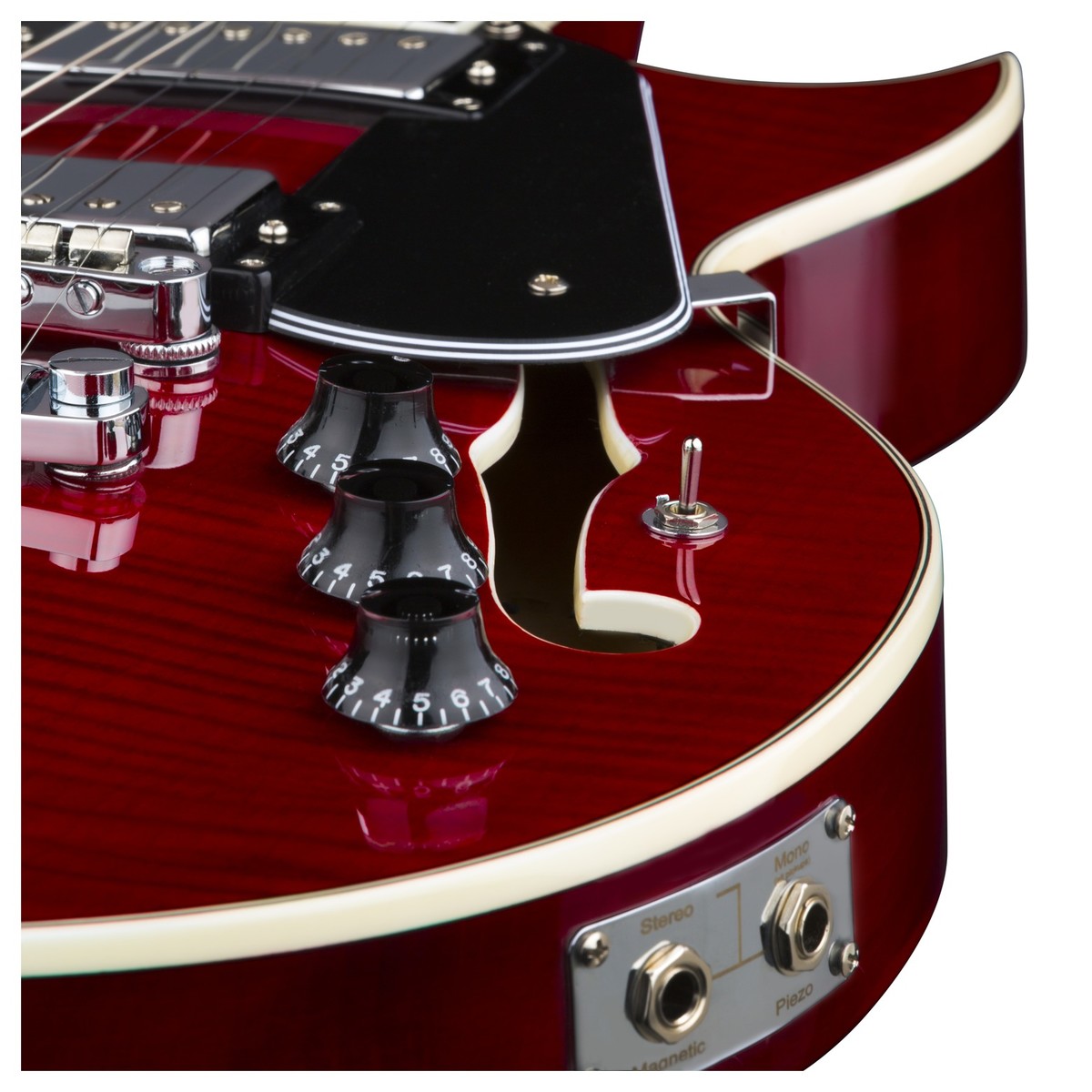 DISC Dean Shire Semi-Hollow Piezo Flame Top, Trans Red at Gear4music