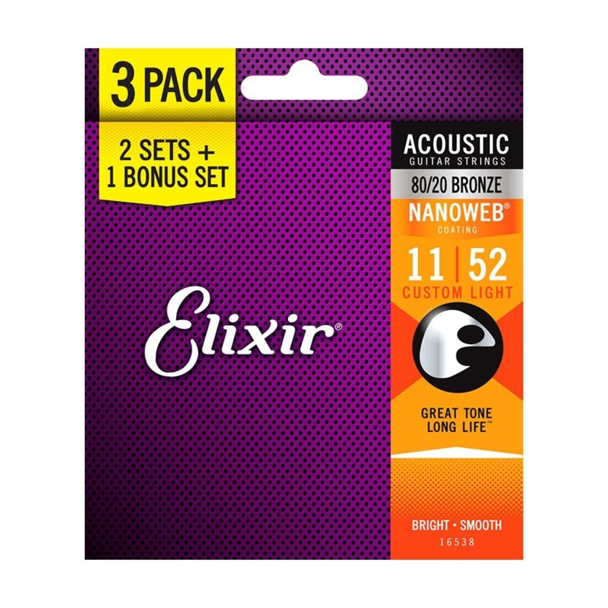 Elixir 80/20 Nanoweb Acoustic Strings 3 Pack, 11-52 | Gear4music