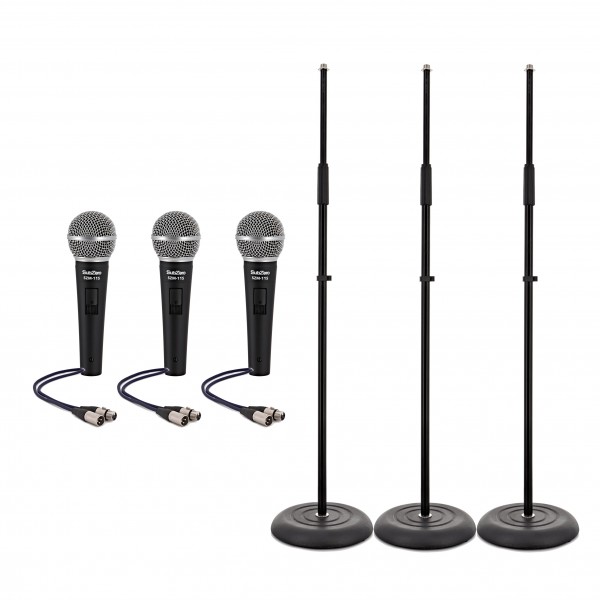 SubZero Dynamic Vocal Microphone with Switch, 3x Straight Stand Pack at Gear4music
