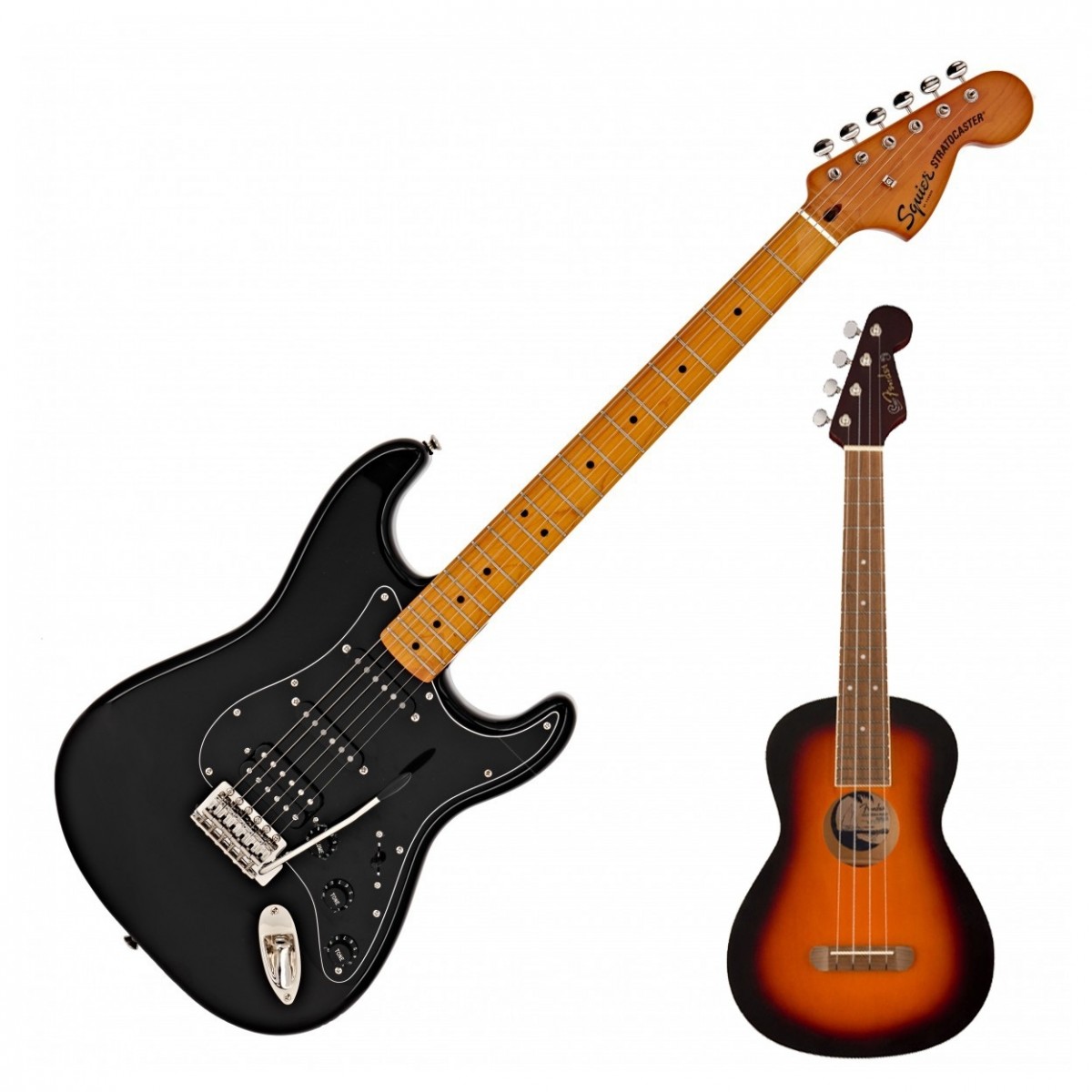 Squier Classic Vibe 70s Strat HSS MN, Black with Free Fender Ukulele ...